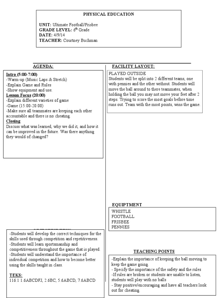 Ultimate Football/Frisbee Lesson Plan | PDF