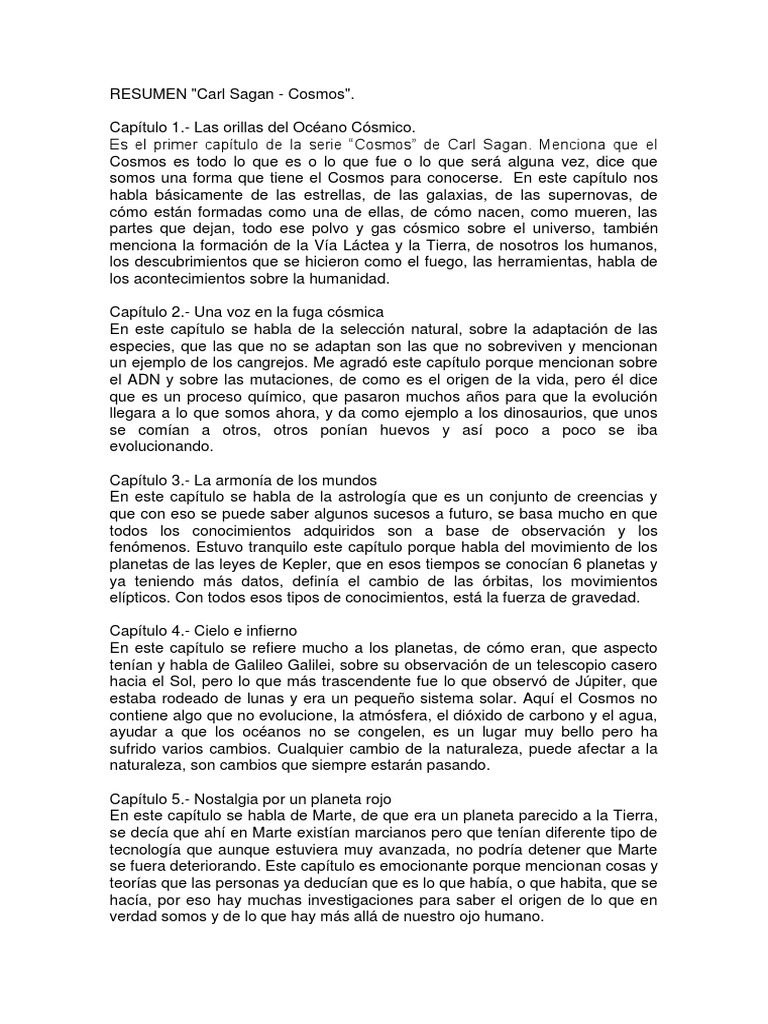 Resumen de "Cosmos" de Carl Sagan | PDF | Espacio exterior | Estrellas