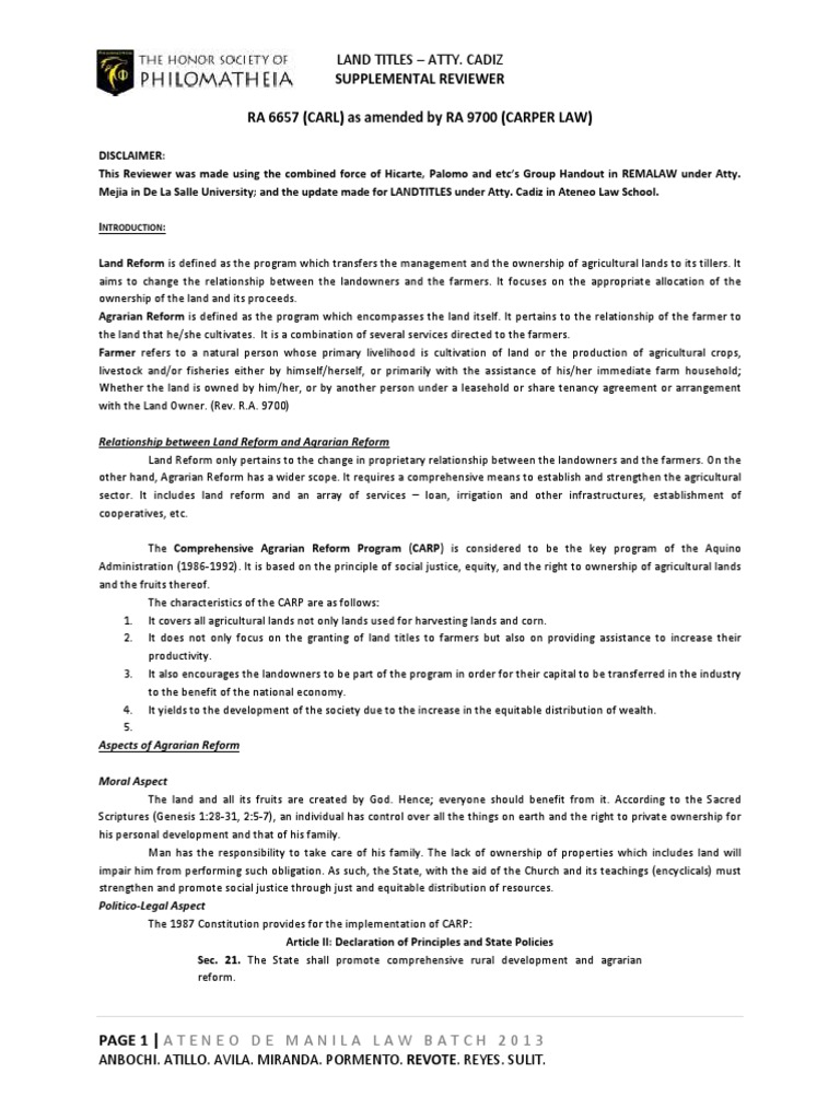 Land Titles Supplement Reviewer For RA 6657 As Amended by RA 9700 | PDF ...