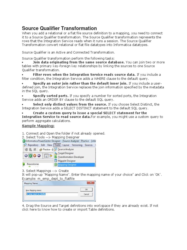 Source Qualifier Transformation Sample Mapping Pdf Sql Data Management