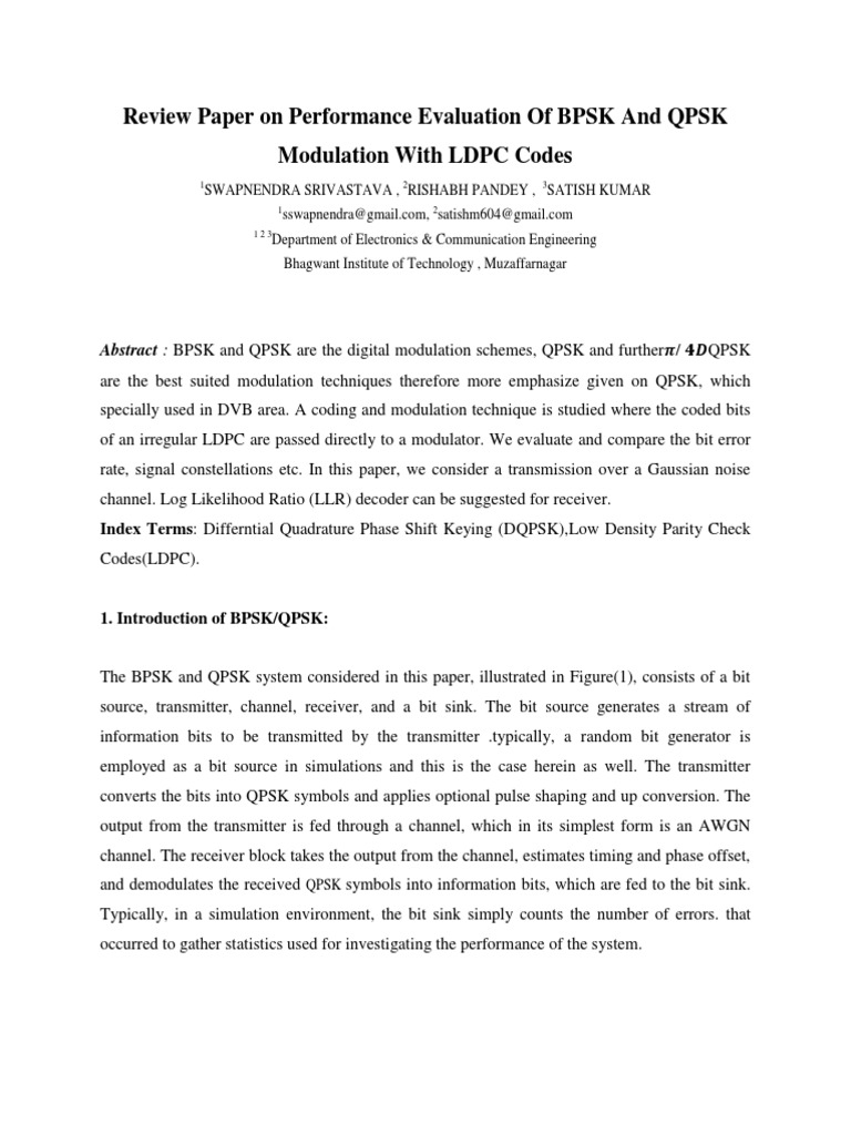 Review Paper On Performance Evaluation of BPSK and QPSK Modulation With LDPC Codes | PDF ...
