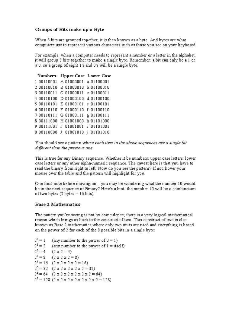 Groups of Bits Make Up A Byte: Numbers Upper Case Lower Case | PDF | Bit | Byte
