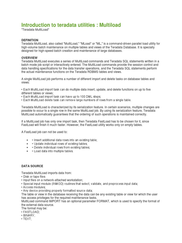 Introduction To Teradata Utilities: Multiload | PDF | Sql | Databases