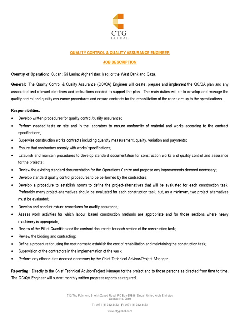 Quality Control & Quality Assurance Engineer - Job Description | PDF ...