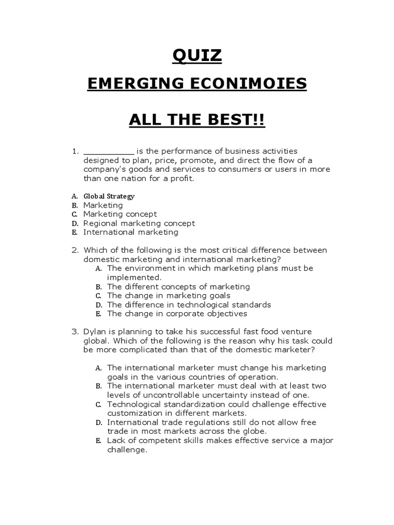 International Marketing Quiz Questions | PDF | Marketing | Market ...