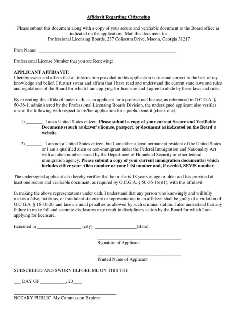 99 Affidavit Regarding Citizenship | PDF | Affidavit | Licensure