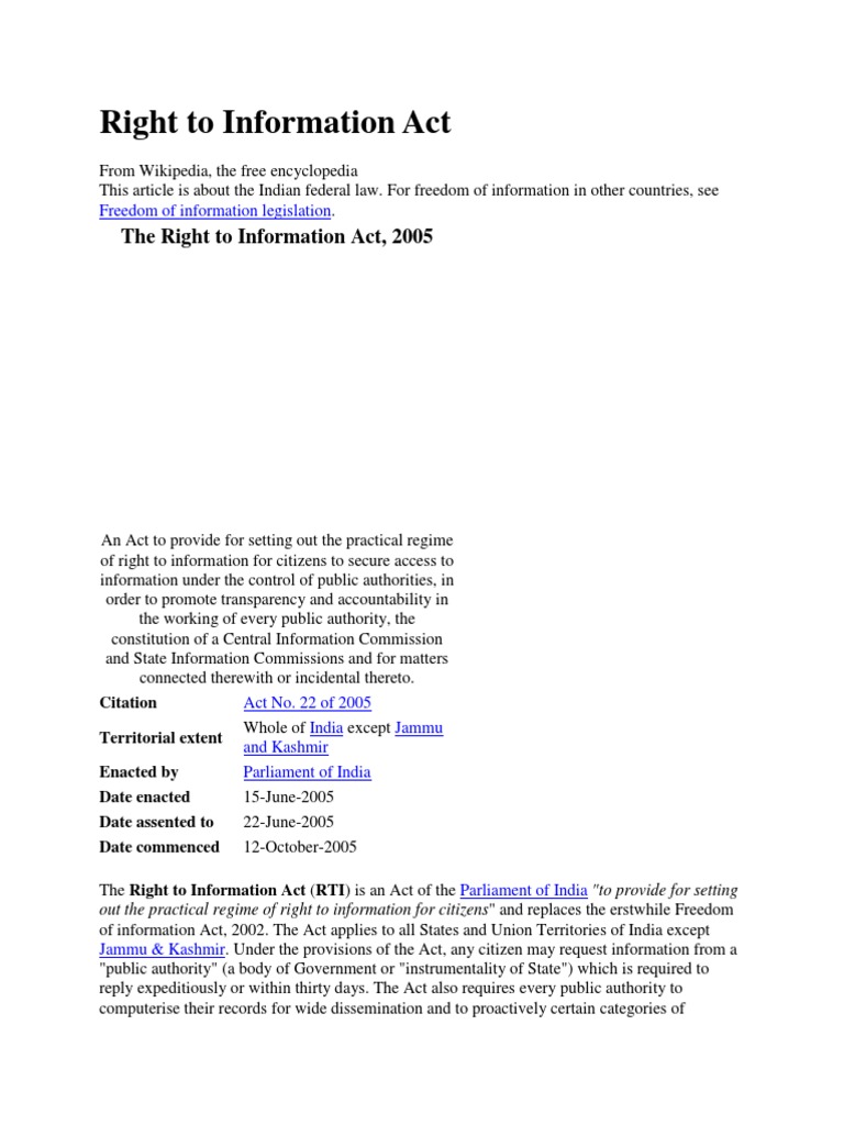 Right To Information Act | PDF | Freedom Of Information Laws By Country ...