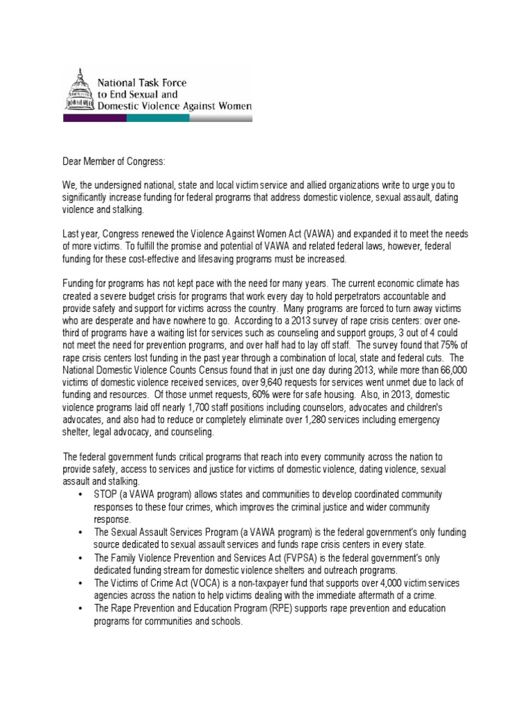 National VAWA VOCA and FVPSA Letter | Download Free PDF | Victimology ...