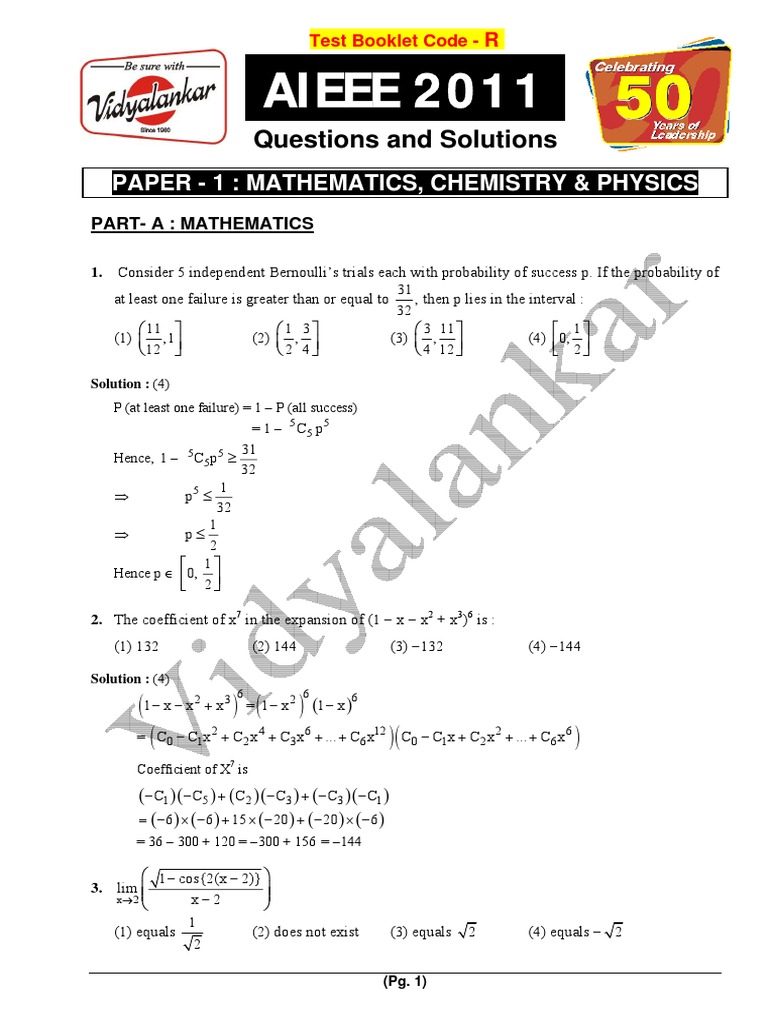 AIEEE 2011 Mathematics Solutions | PDF | Matrix (Mathematics) | Integer