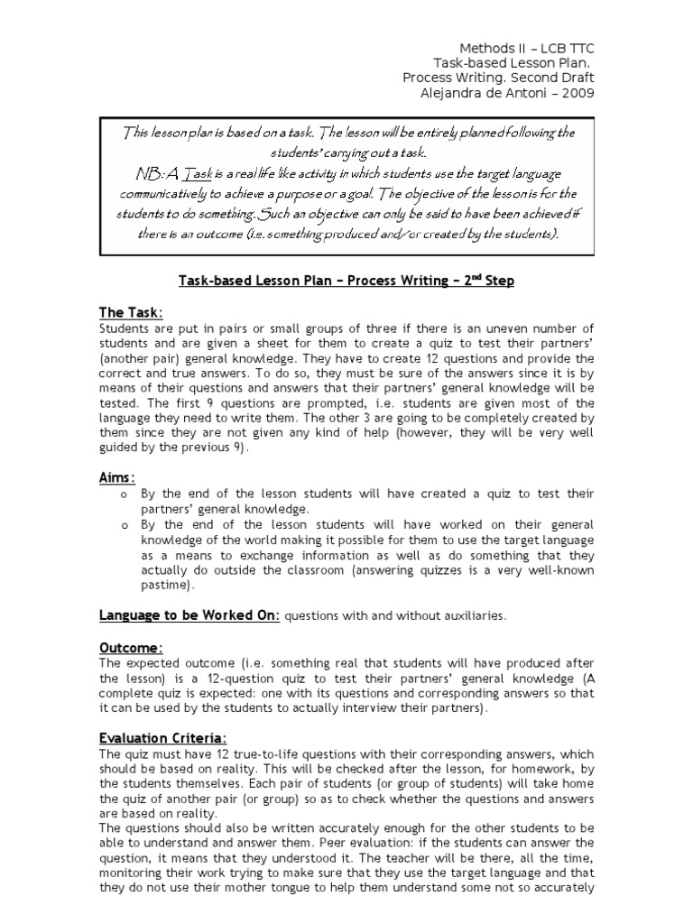 Task-Based Lesson Plan - Process Writing - 2 Step The Task | PDF | Quiz ...