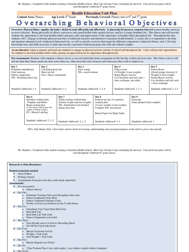 8th Grade Fitness Unit Plan | PDF | Physical Fitness | Middle Schools