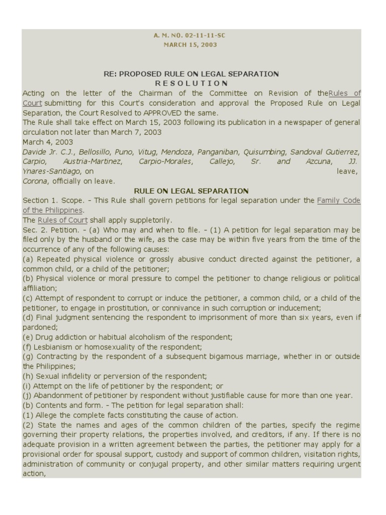 Re: Proposed Rule On Legal Separation Resolution: Rules of Court | PDF ...