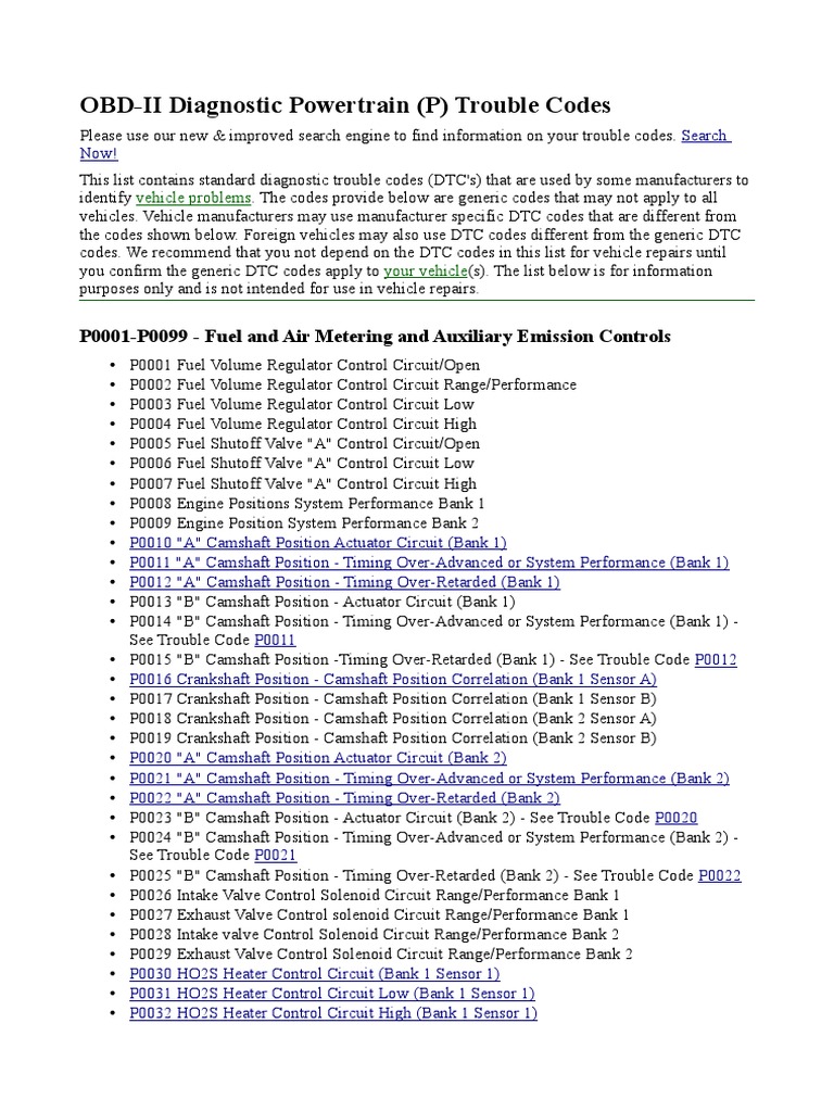 Obd II Codes | Vehicle Parts | Automobiles