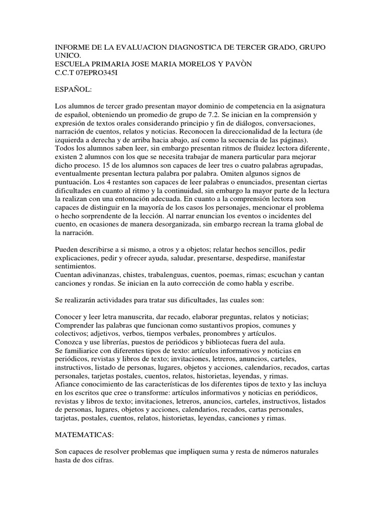 Informe de La Evaluacion Diagnostica de Tercer Grado | Narrativa ...