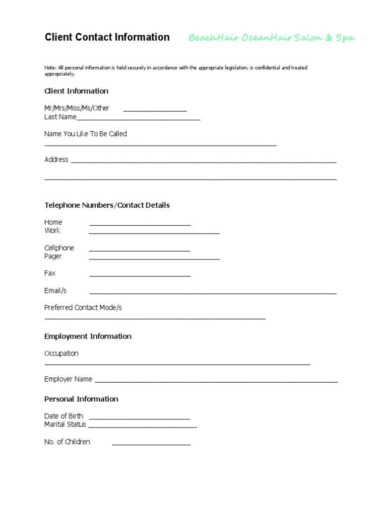 Client Information Form for BeachHair | PDF