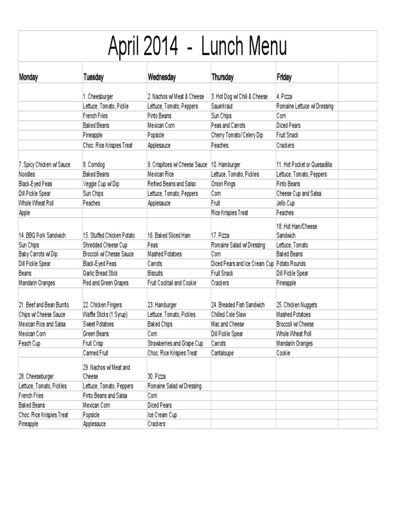 April 2014 School Lunch Menu | PDF