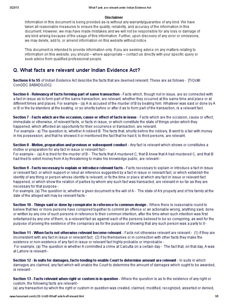 Relevant Facts Under Indian Evidence Act | PDF | Evidence (Law ...