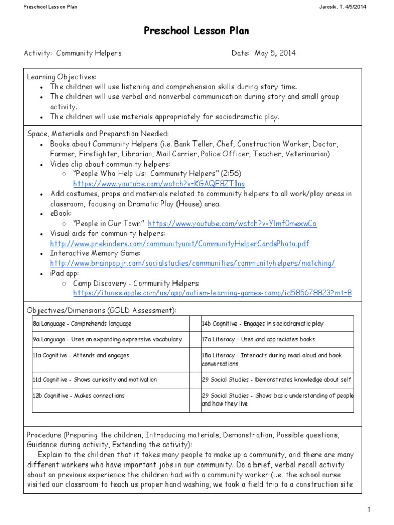 Communityhelperspreschoollessonplan | PDF | Lesson Plan | Reading ...
