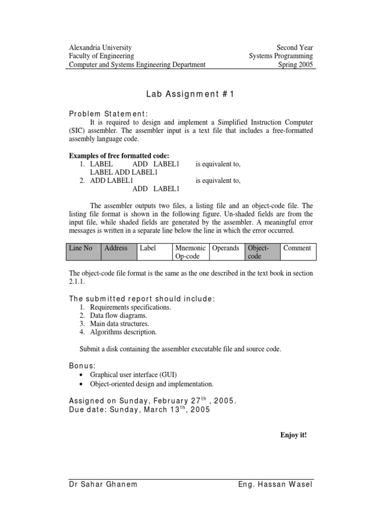 SIC Assembler Lab Assignment | PDF