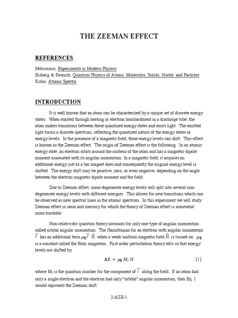 The Zeeman Effect Spectroscopy Experiment | PDF | Energy Level | Atomic ...