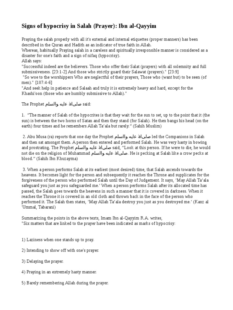 Signs of Hypocrisy in Salah (Prayer) by Ibn Al-Qayyim | PDF ...