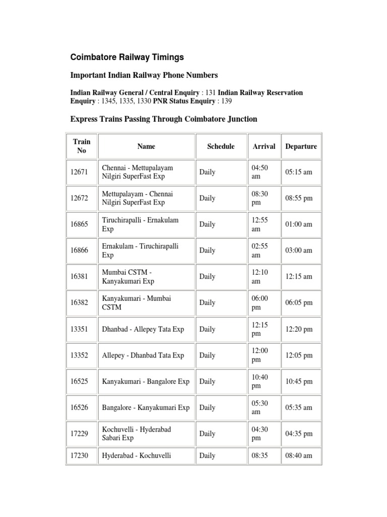 Coimbatore Train Timings Overview | PDF
