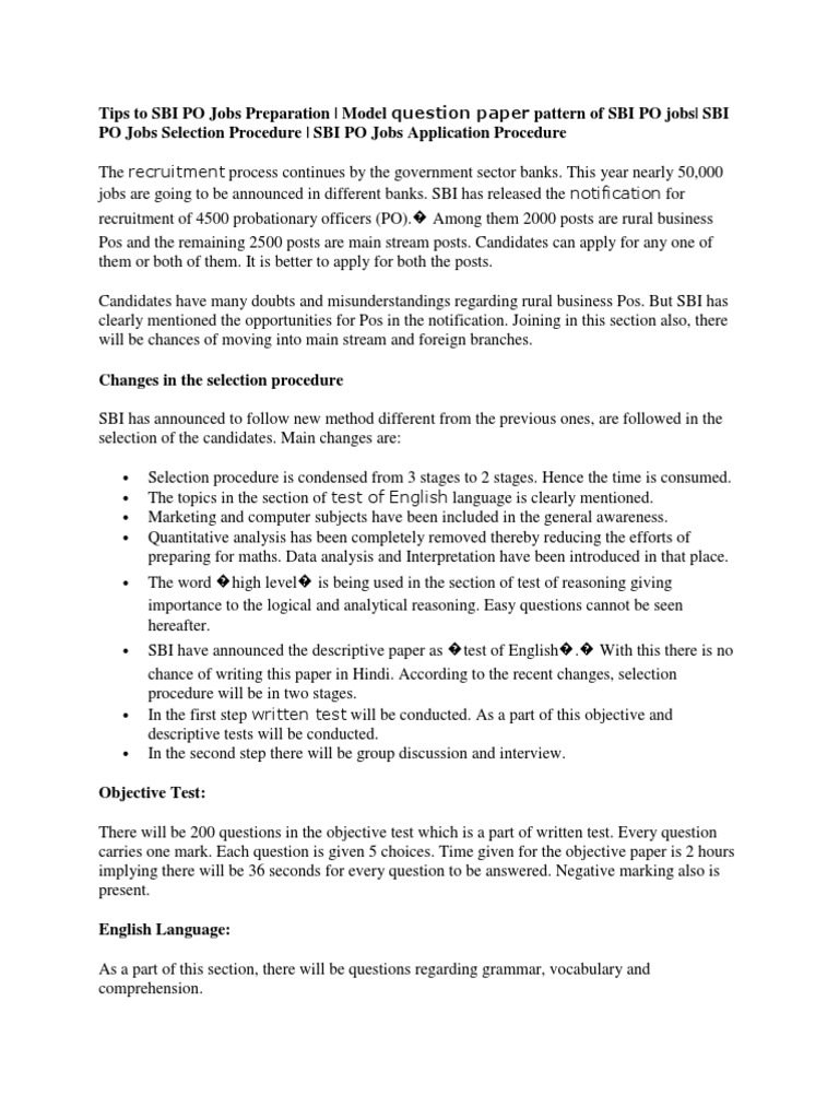 Tips To SBI PO Jobs Preparation - Model Question Paper Pattern of SBI ...