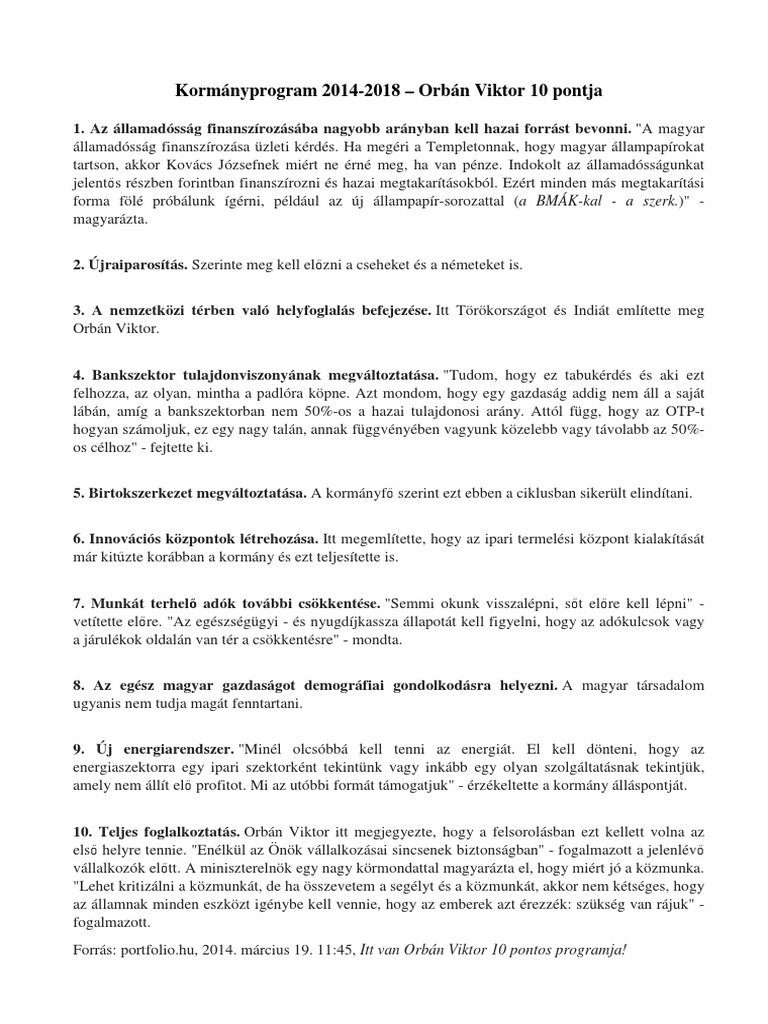 Kormányprogram 2014-2018 - Orbán Viktor 10 Pontja | PDF