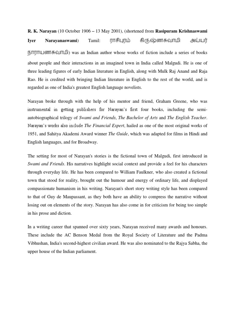 R. K. Narayan (10 October 1906 - 13 May 2001), (Shortened From ...