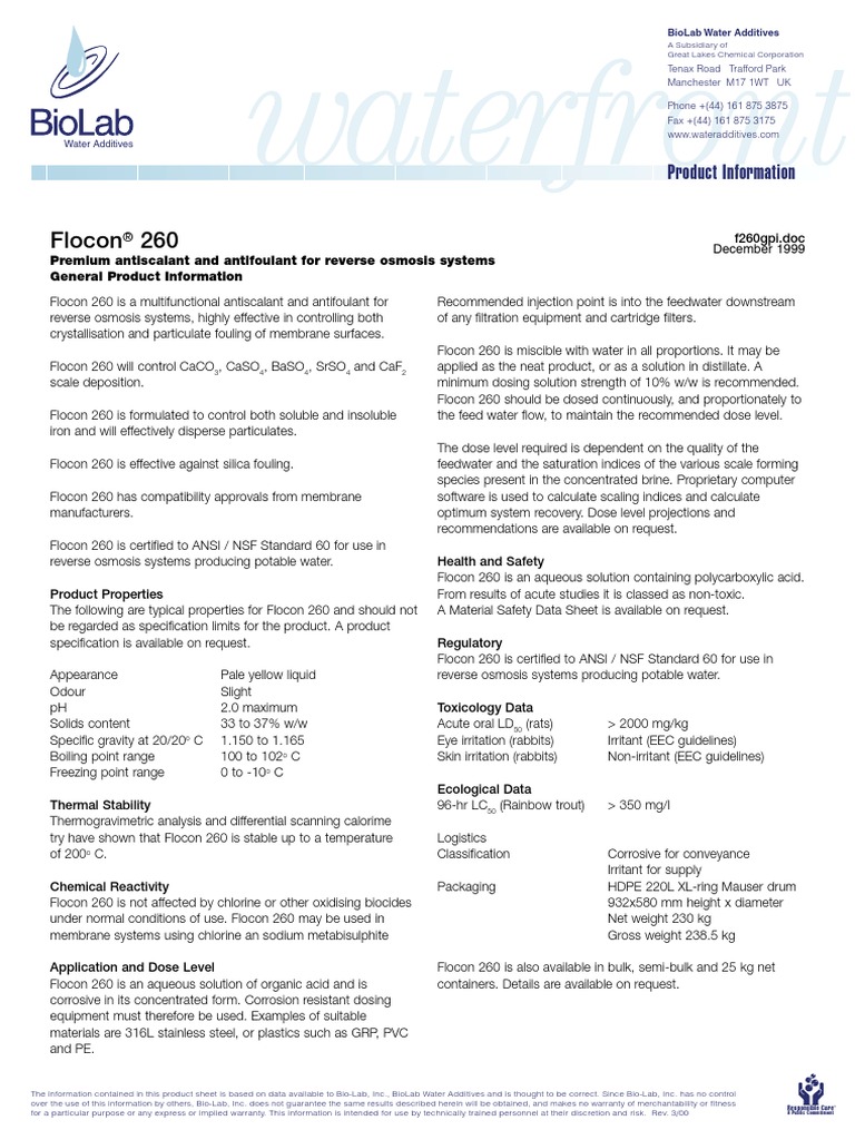 Flocon 260 Biolab | PDF | Solubility | Chlorine