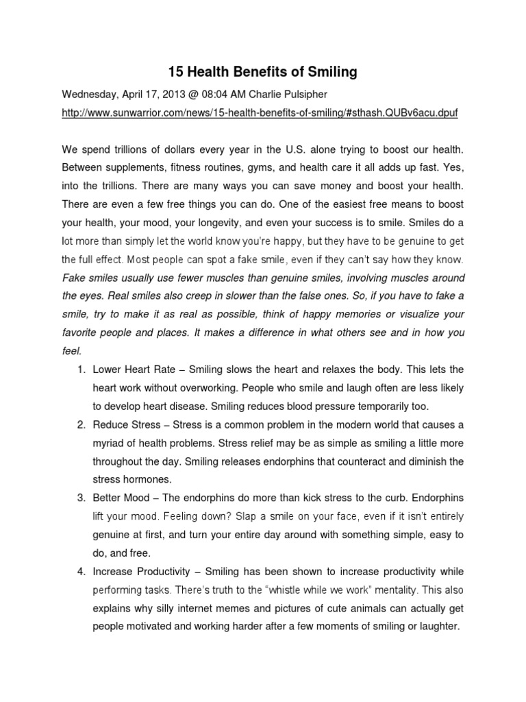 15 Health Benefits of Smiling | PDF | Smile | Psychological Concepts