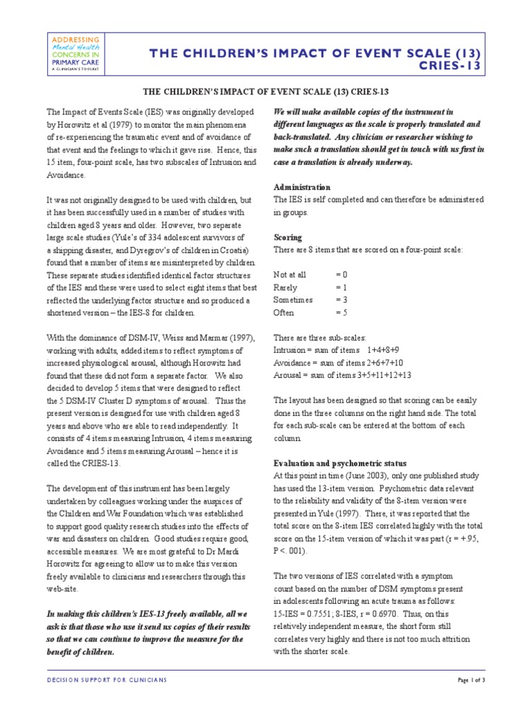 Child Impact of Traumatic Event Scale English | Posttraumatic Stress ...