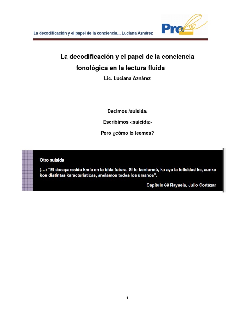 La Decodificación y El Papel de La Conciencia Fonológica en La Lectura ...