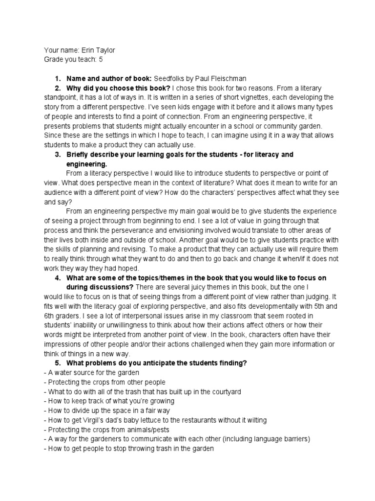 5th Grade Lesson Plan: "Seedfolks" Integration | PDF | Brainstorming ...