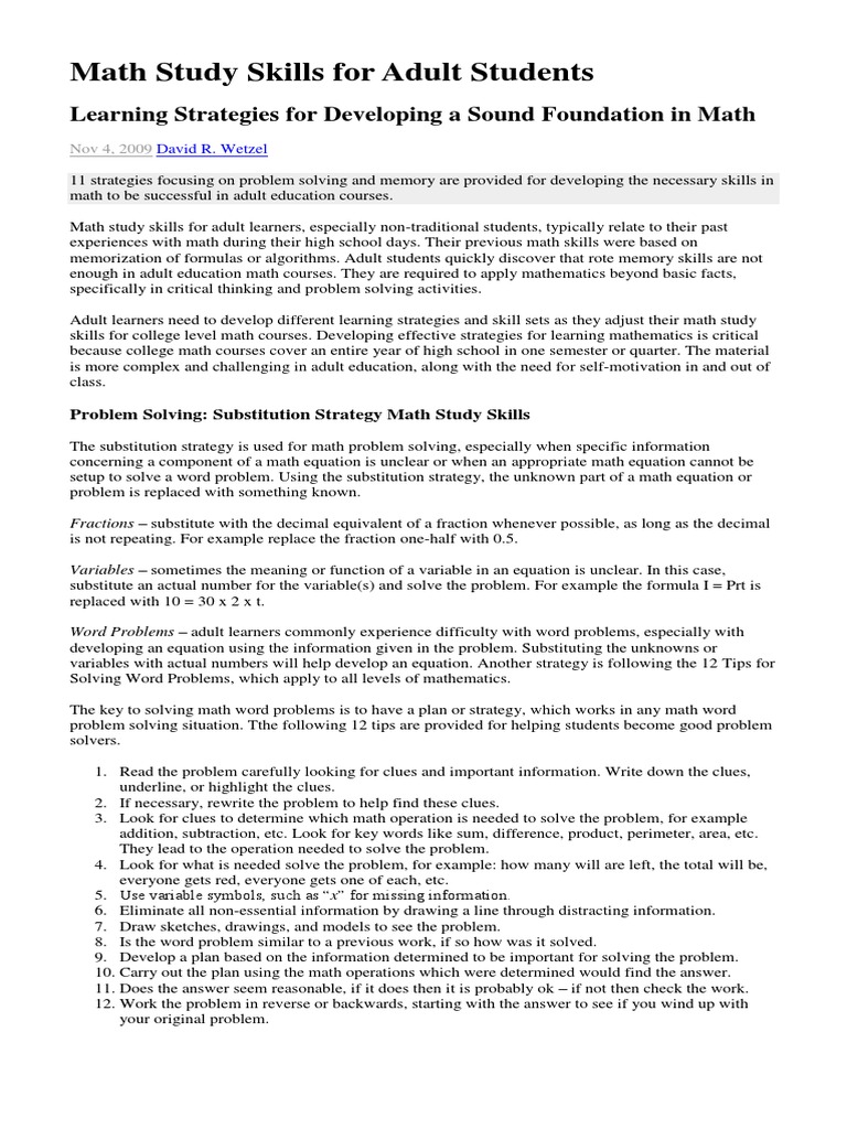 Math Study Skills For Adult Students | PDF | Adult Education | Study Skills