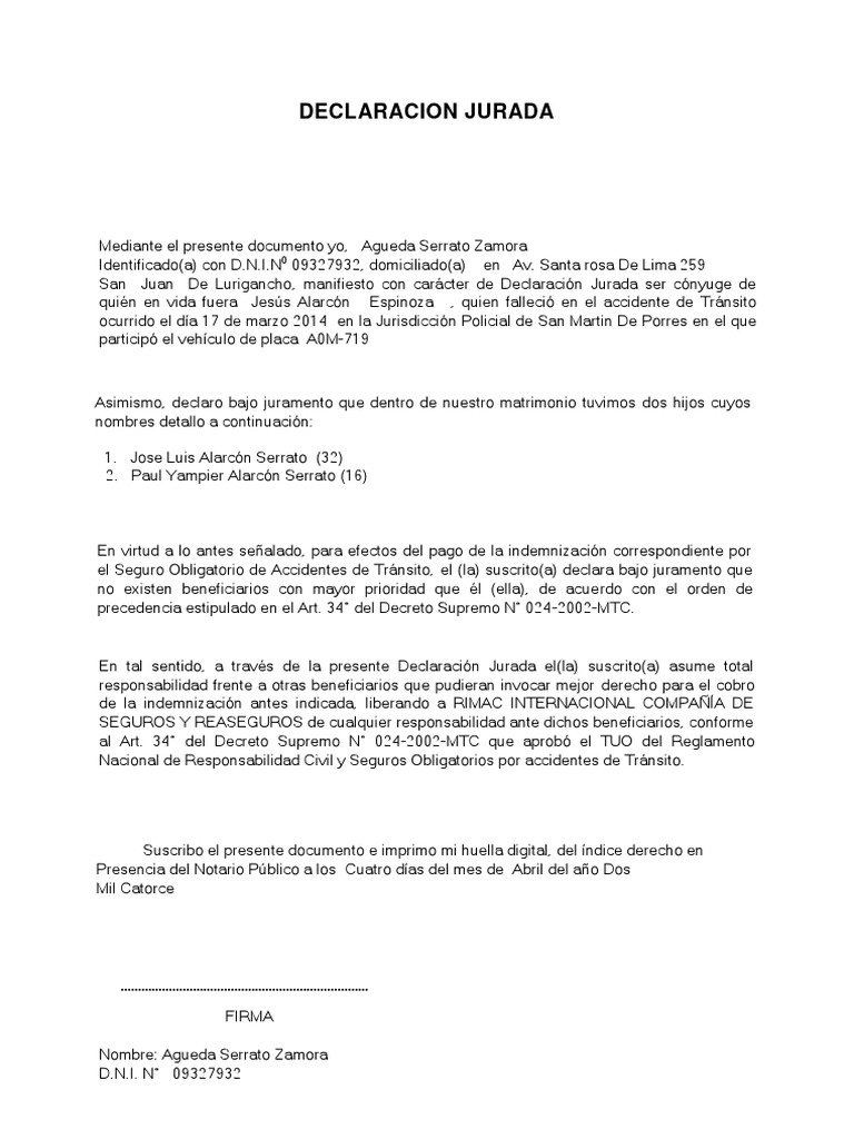 Declaracion Jurada | PDF | Finanzas y administración del dinero