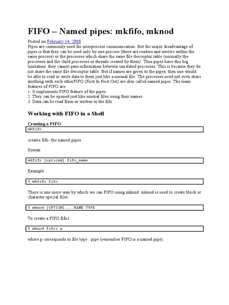 FIFO - Named Pipes: Mkfifo, Mknod: Working With FIFO in A Shell | PDF
