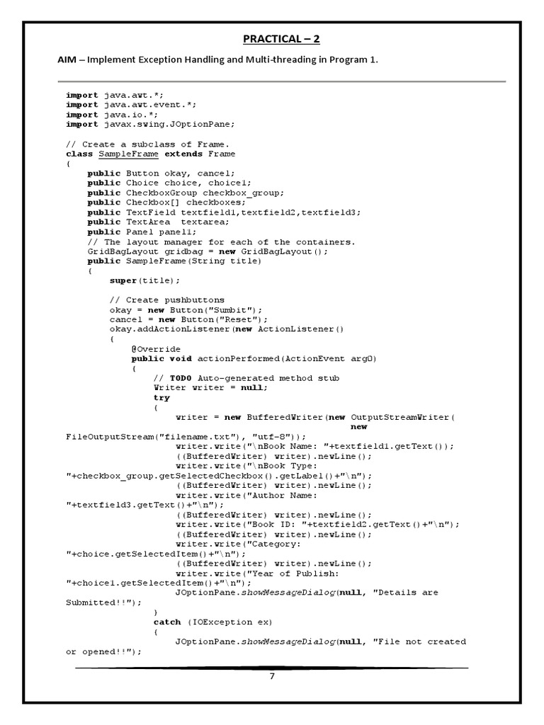 Practical 2 Aim Implement Exception Handling And Multi Threading In Program 1 Pdf Port