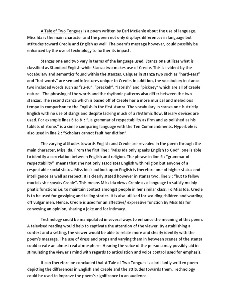 A Tale of Two Tongues poem explores Creole and English | PDF | English ...