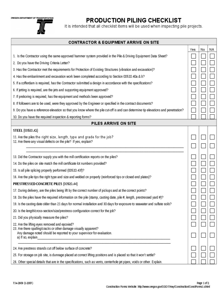 Production Piling Checklist: Contractor & Equipment Arrive On Site ...