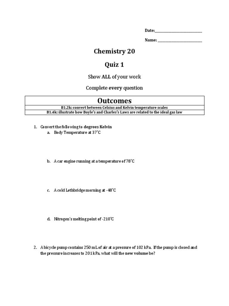 Chem 20 - Unit B Quiz 1 | PDF | Gases | Diesel Engine