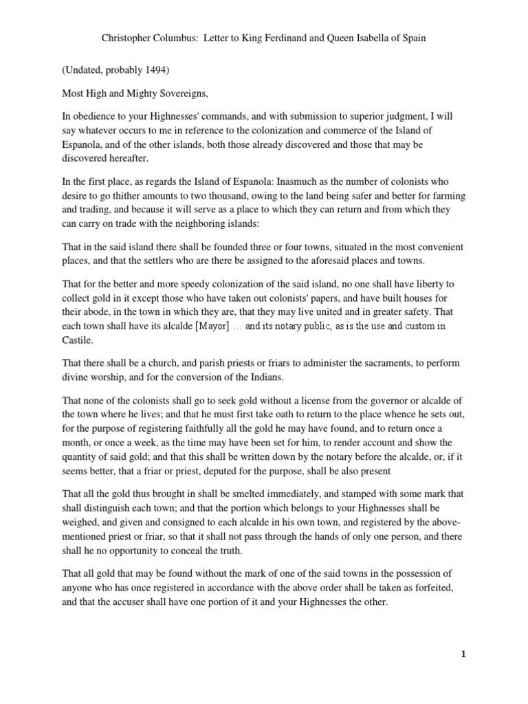 Columbus' Letter to Spanish Monarchs | PDF | Ships | Christopher Columbus