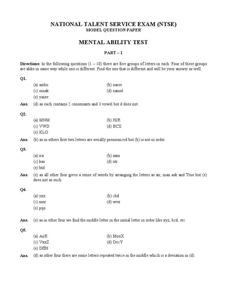 Ntse Mental Ability Test 01 | PDF | Teaching Methods & Materials
