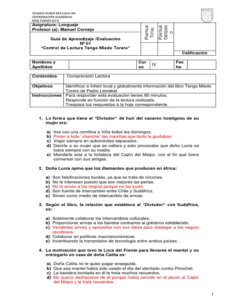 Control de Lectura: Tengo Miedo Torero | PDF | Che Guevara | Augusto ...