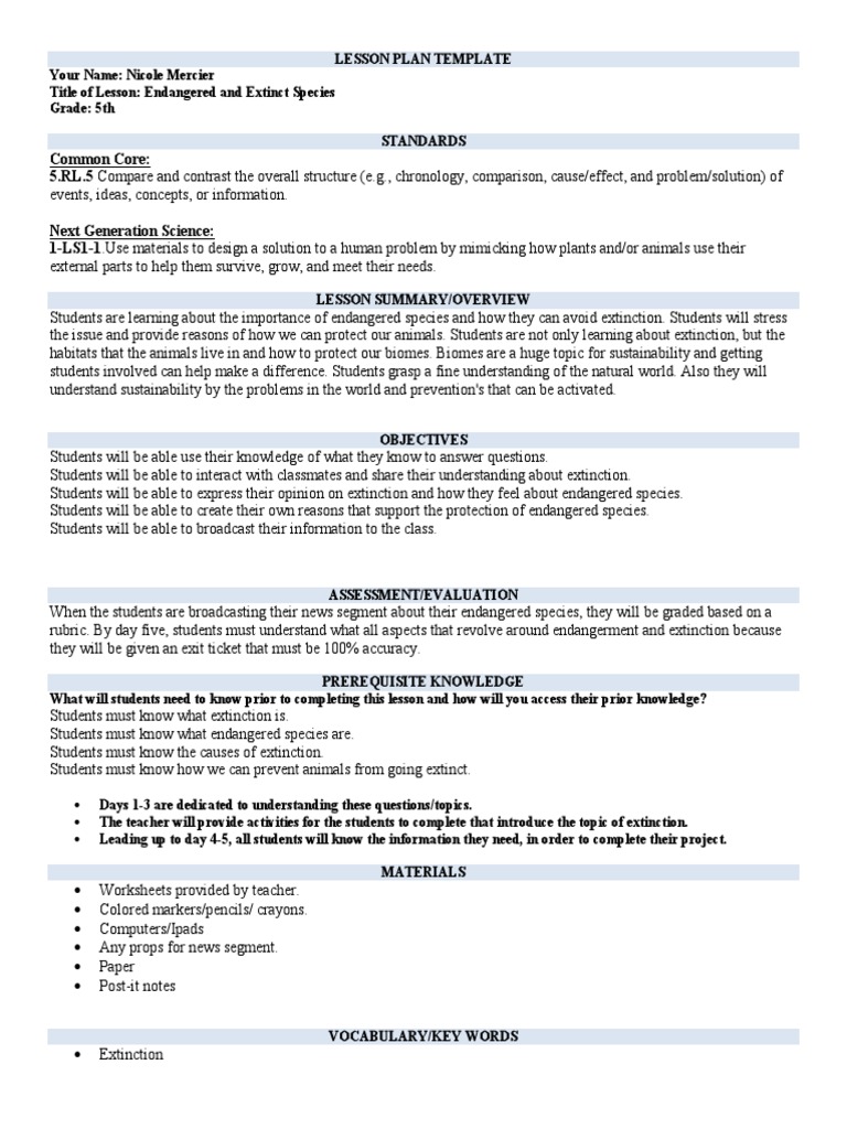 Sustain Lesson Plan | PDF | Extinction | Endangered Species