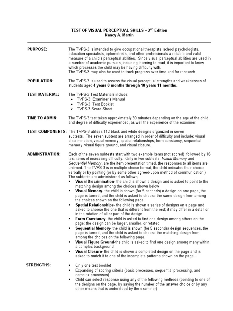 TVPS 3 Assessment Review | PDF | Validity (Statistics) | Mental Processes