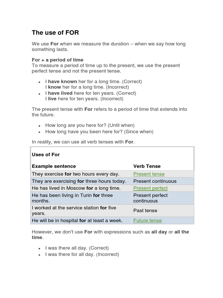 The Use of For and SINCE | PDF | Grammatical Tense | Perfect (Grammar)