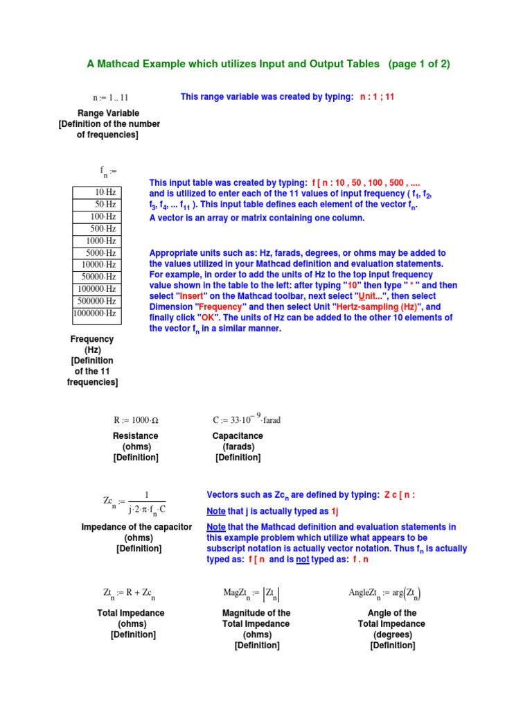 Mathcad Input Output Tables | PDF | Hertz | Electrical Impedance