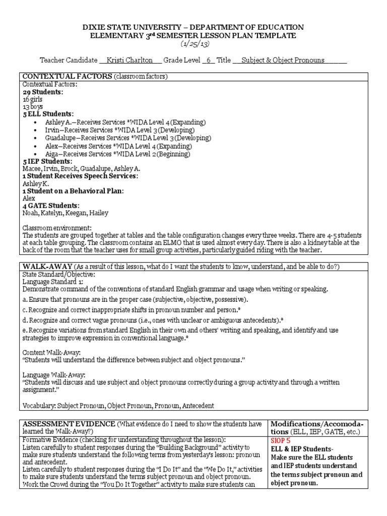 Subject and Object Pronouns Lesson Plan | PDF | Subject (Grammar) | Pronoun