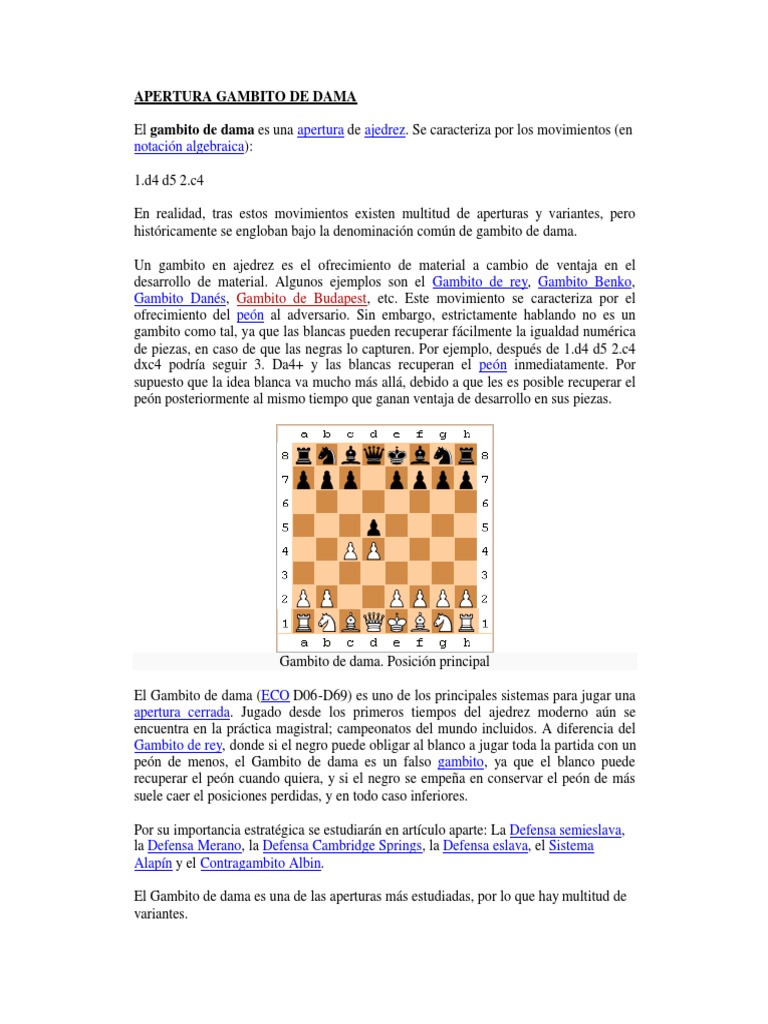 Estrategias del Gambito de Dama | PDF | Aperturas de ajedrez | Juegos ...
